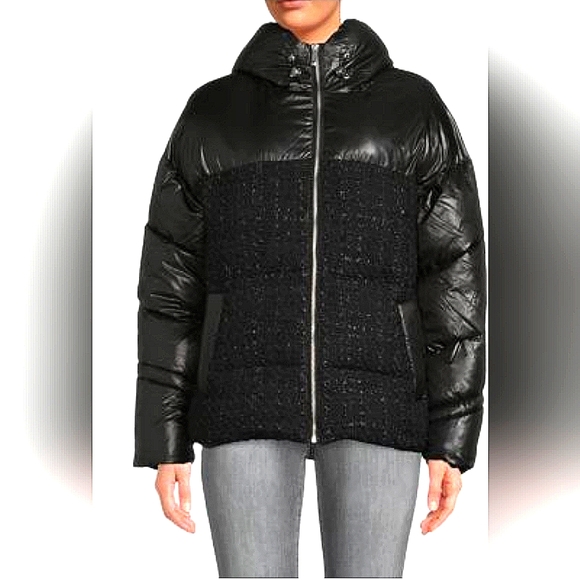 BCBG | Jackets & Coats | Bcbg Nwot Black Tweed Hooded Puffer Jacket Xl ...